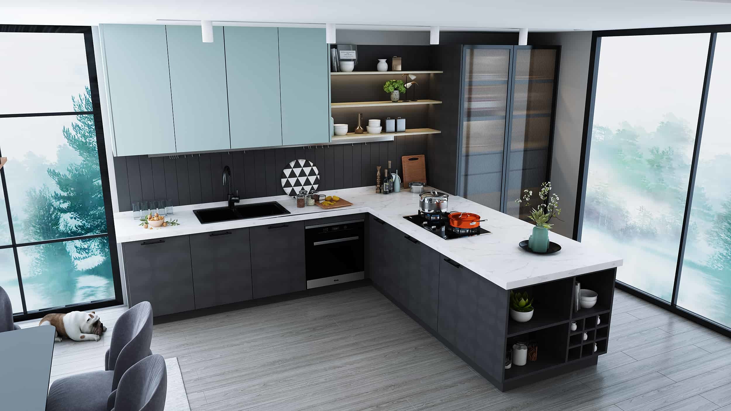 Ensemble d'armoires de cuisine en acier inoxydable gris-vert avec îlot ...